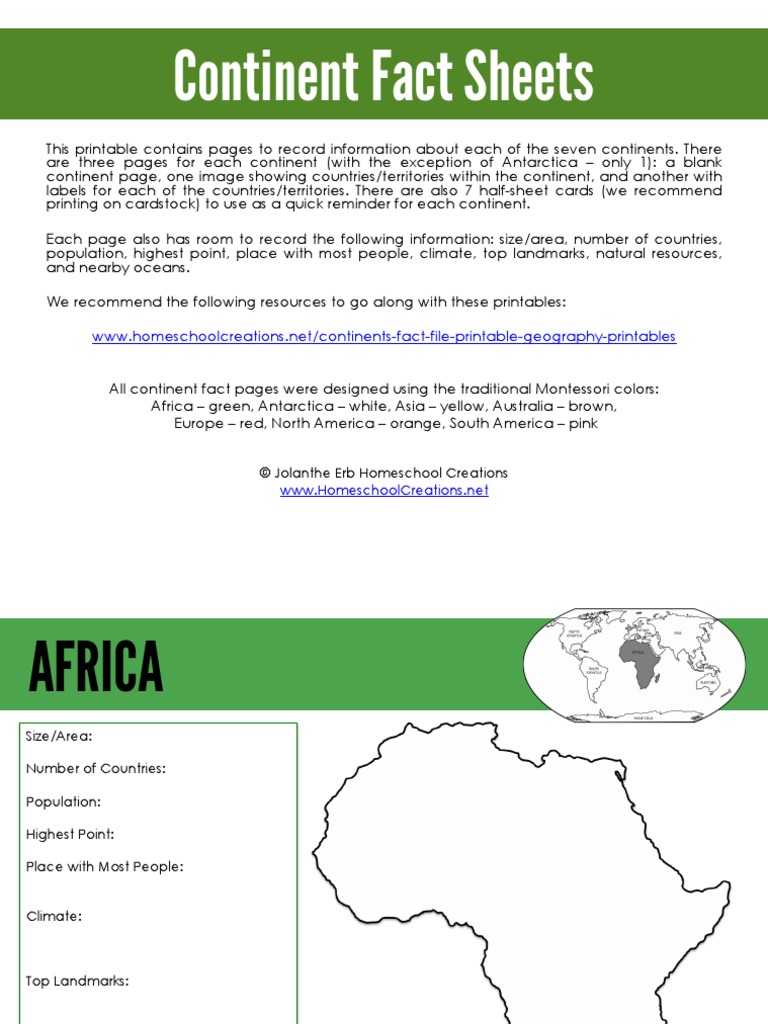 World Continent Fact Sheets | Continent | Computing And Information ...