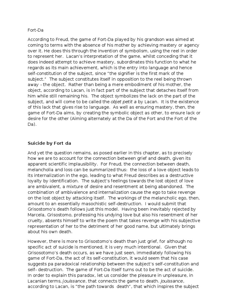 Fort-Da: Lacan, Freud, and Self-Destruction | PDF | Jacques Lacan | Id