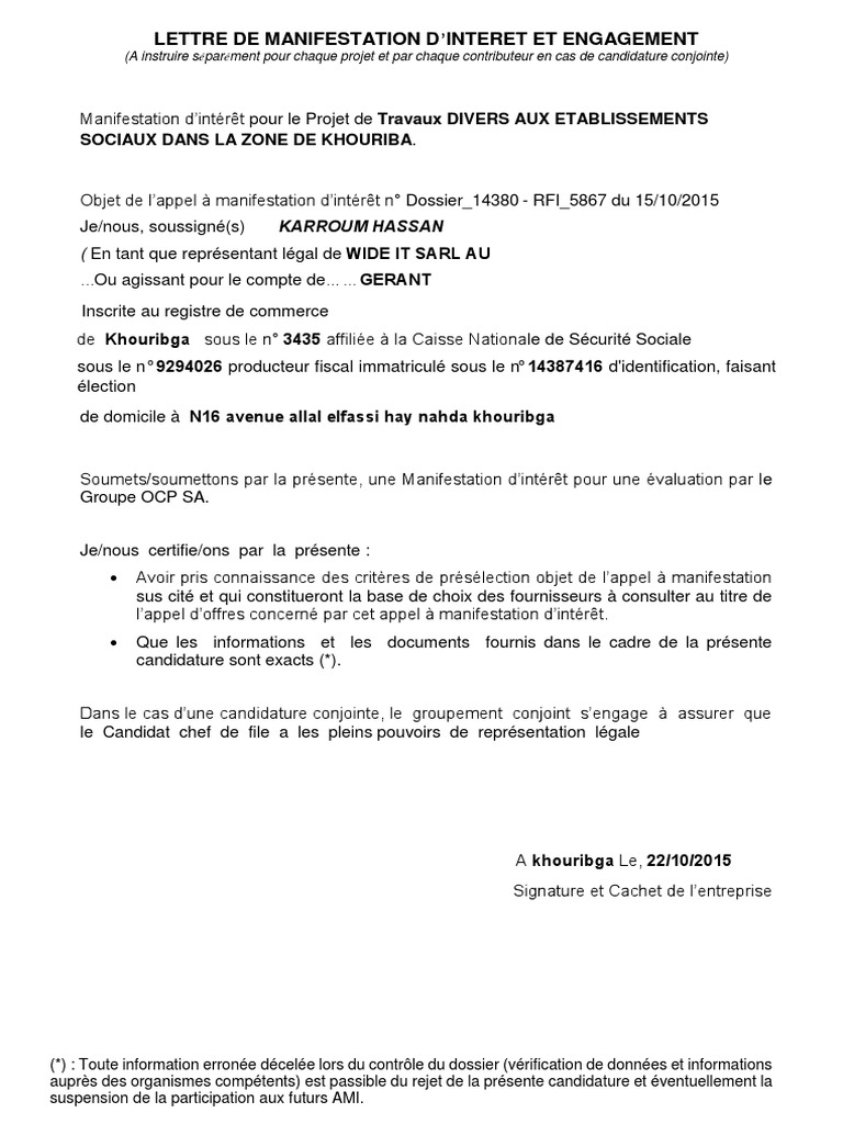 Lettre de Manifestation D - Interet Et Engagement | PDF