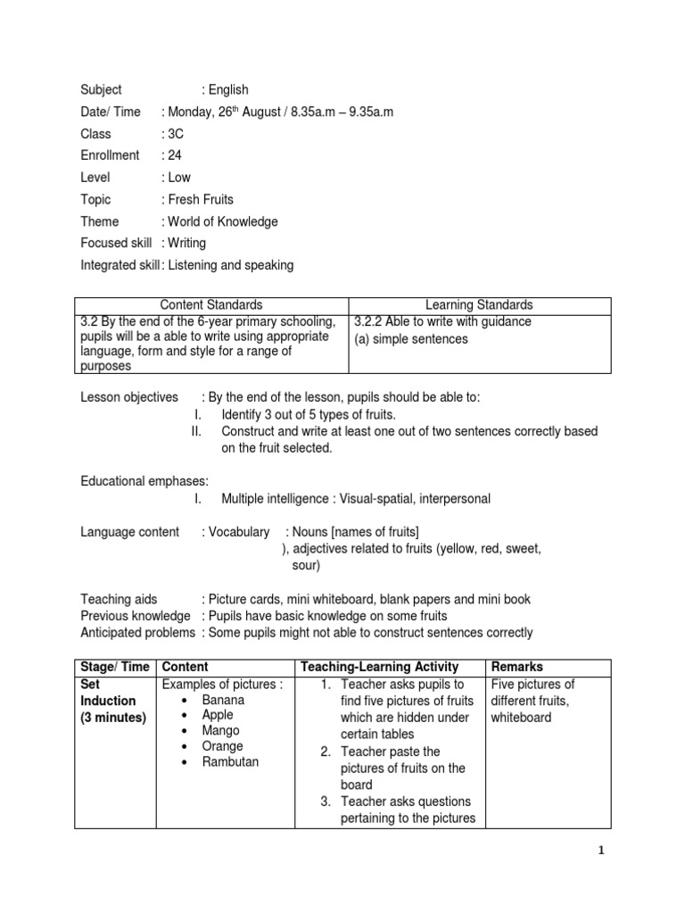 Lesson Plan Writing Fresh Fruits | PDF | Fruit | English Language