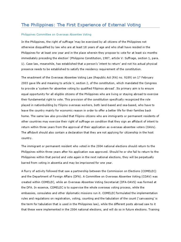 The Philippines: The First Experience of External Voting | PDF ...