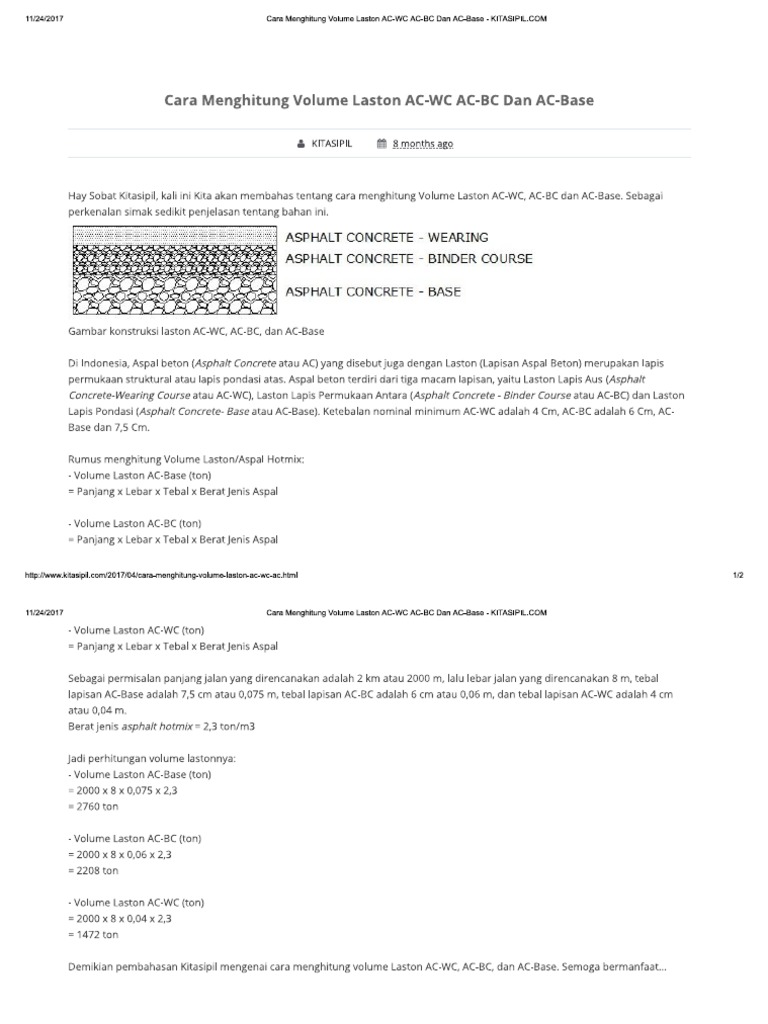 Cara Menghitung Volume Laston AC-WC AC-BC Dan AC-Base - KITASIPIL | PDF