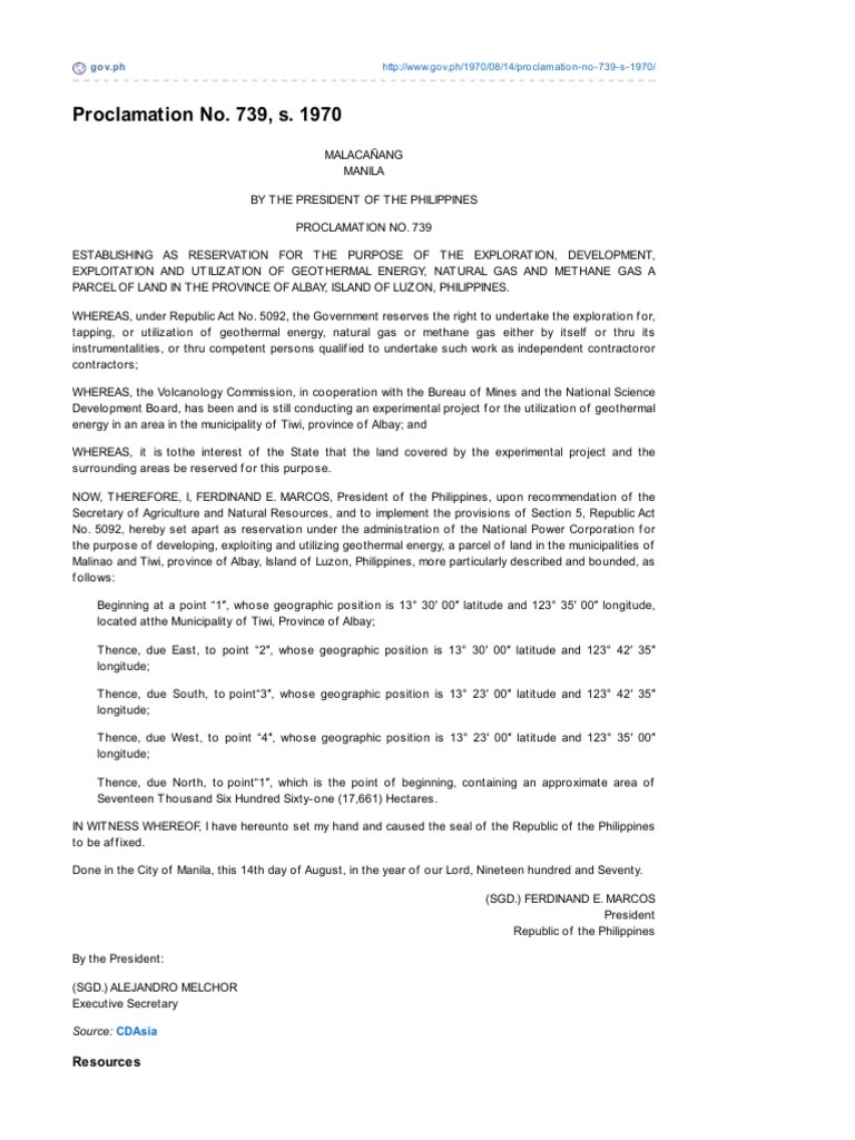 Proclamation No. 739: Geothermal Reserve | PDF | Philippines | Nature