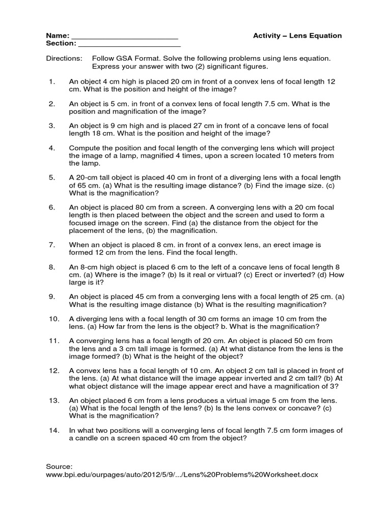 Lens Equation Worksheet | PDF | Lens (Optics) | Electromagnetic Radiation