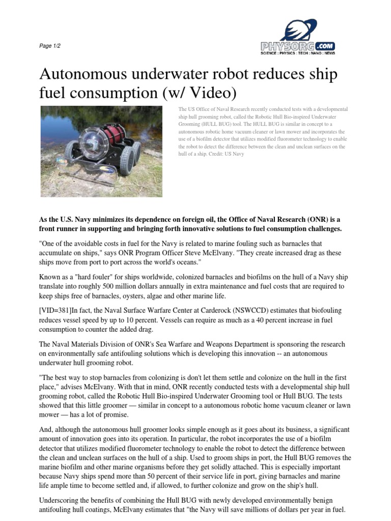 Autonomous Underwater Robot Reduces Ship Fuel Consumption W Video | PDF ...
