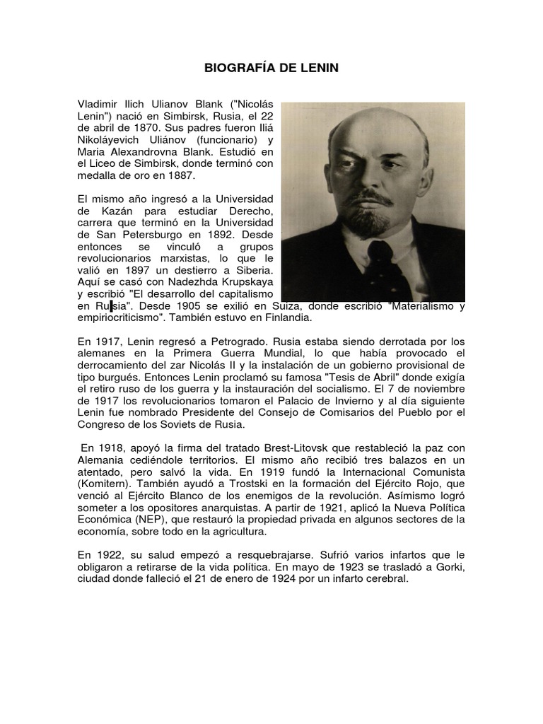 Biografía de Lenin | PDF | Vladimir Lenin | Nicholas Ii De Rusia