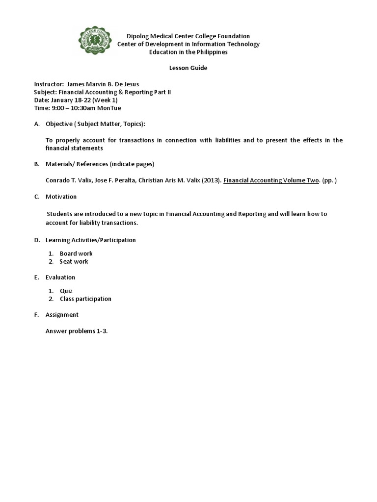 Lesson Guide (Prelim) - ACCY 3A | PDF | Financial Accounting | Accounting