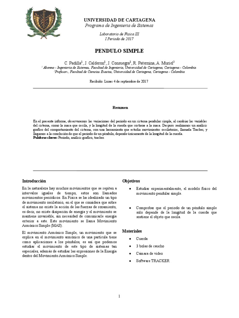 Informe Pendulo Simple | PDF | Péndulo | Movimiento (física)