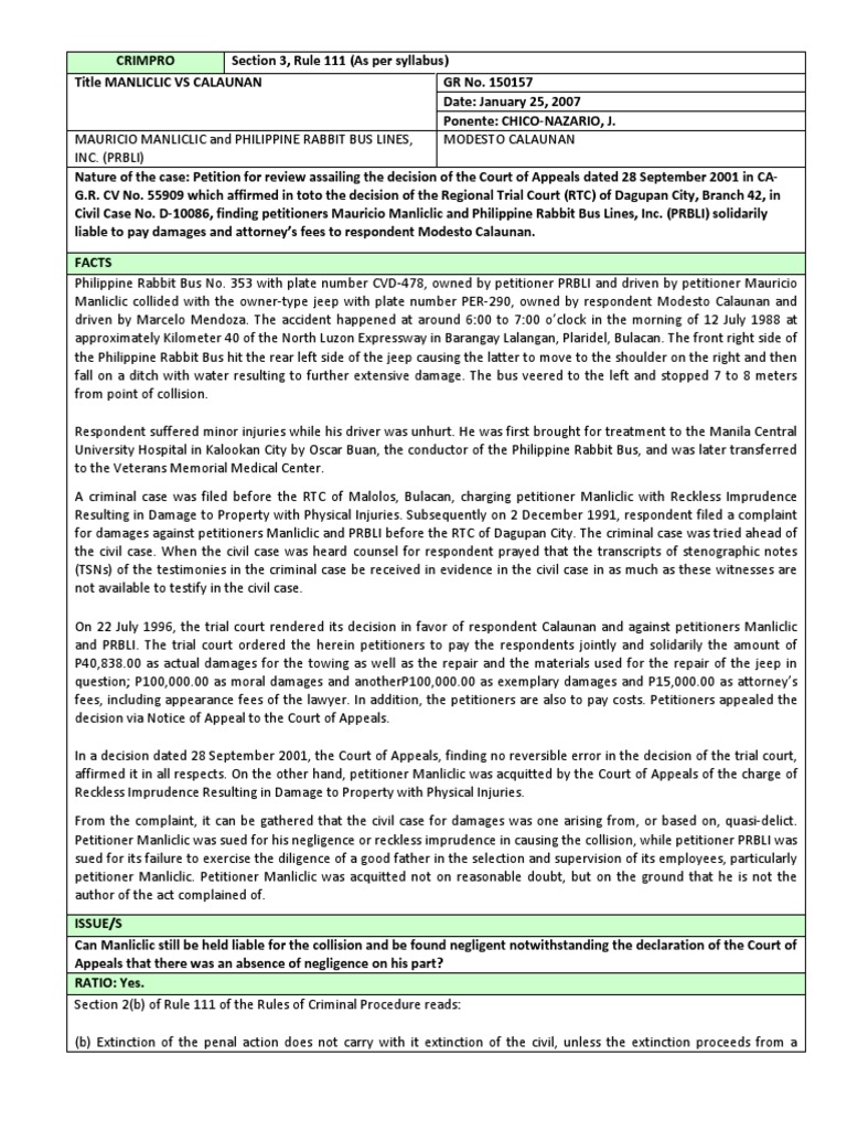 Manliclic Vs Calaunan - Digest | PDF | Acquittal | Lawsuit