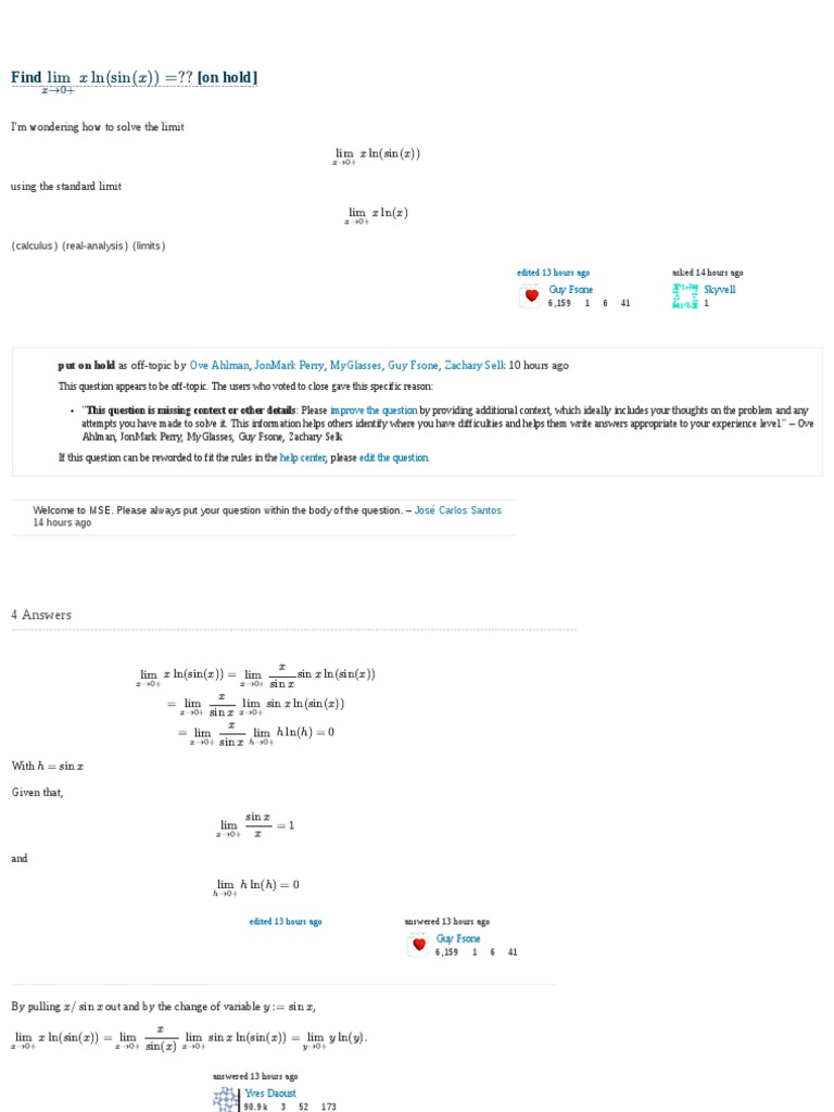 Calculus - Find$ - Lim - Limits - (X - To 0+) X - LN ( - Sin (X) ) - $ - Mathematics Stack ...
