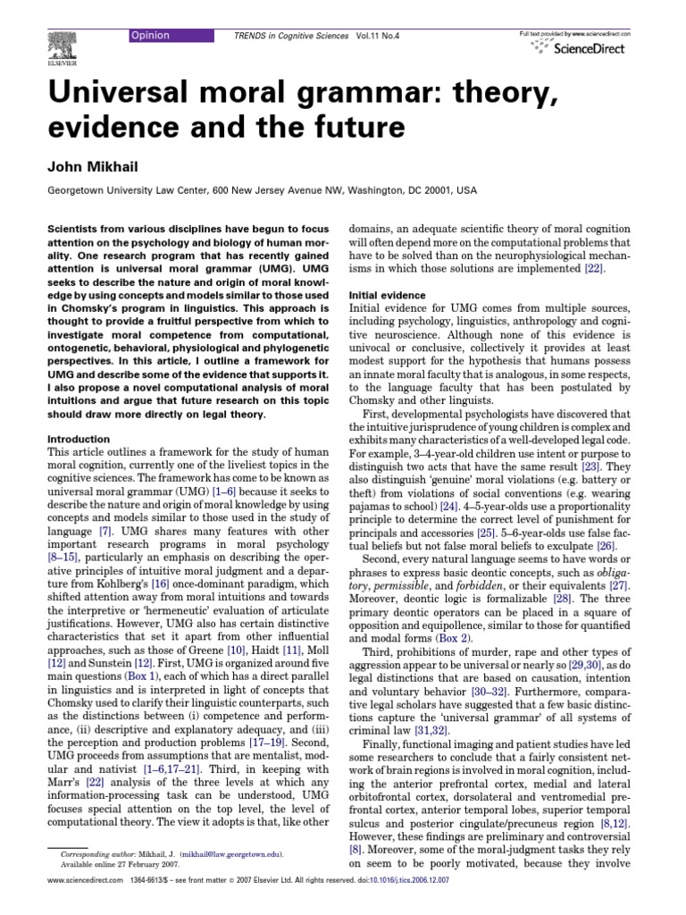 John Mikhail - Universal Moral Grammar - Theory, Evidence and The ...
