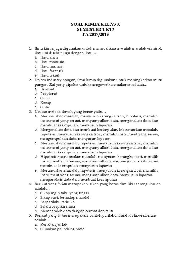 Soal Kimia Kelas X Semester 1 | PDF | Metode & Bahan Ajar | Sains & Matematika