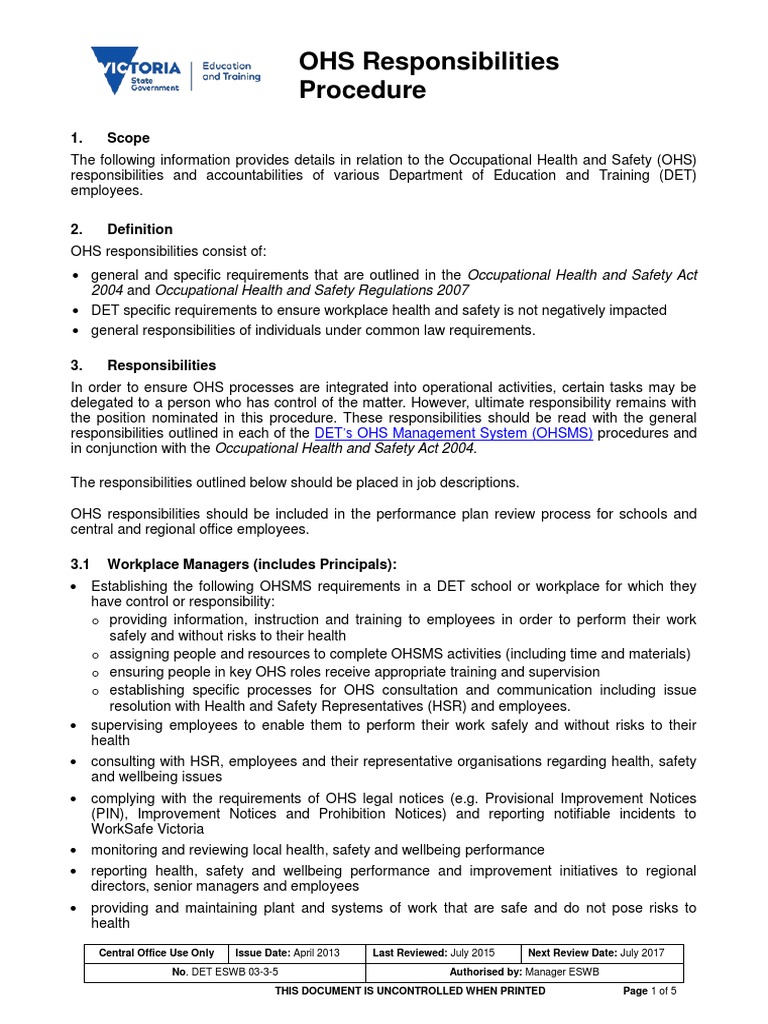 OHS Responsibilities | PDF | Occupational Safety And Health | Safety
