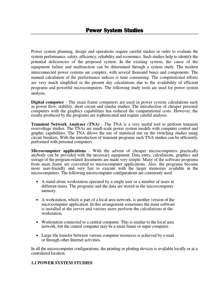 1.0 Power System Studies | PDF | Electric Power System | Electrical ...