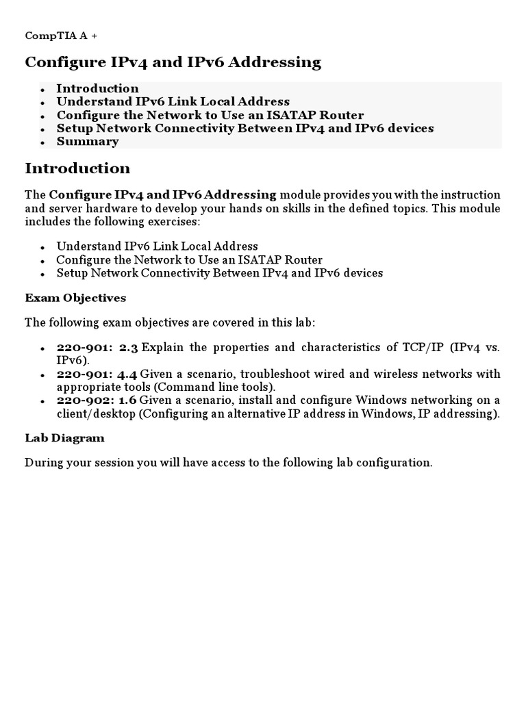 Configure Ipv4 And Ipv6 Addressing Pdf I Pv6 Ip Address