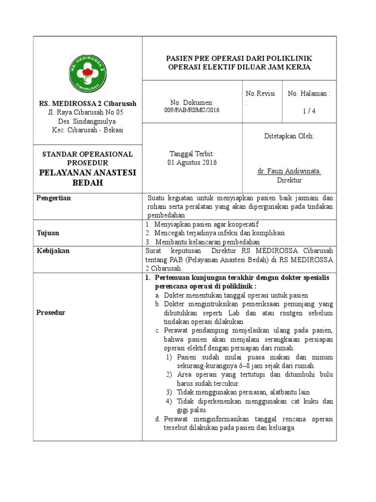 009 Spo Pasien Pre Operasi Dari Poliklinik Diluar Jam Kerja | PDF