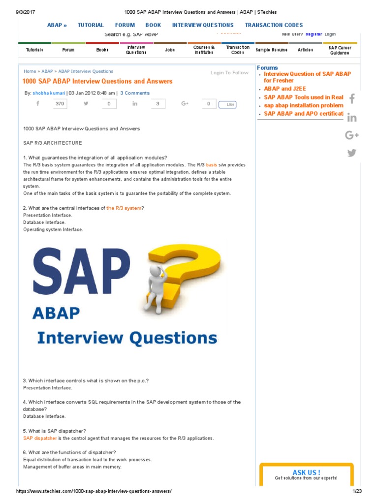 1000 SAP ABAP Interview Questions and Answers - ABAP - STechies | PDF | Parameter (Computer ...
