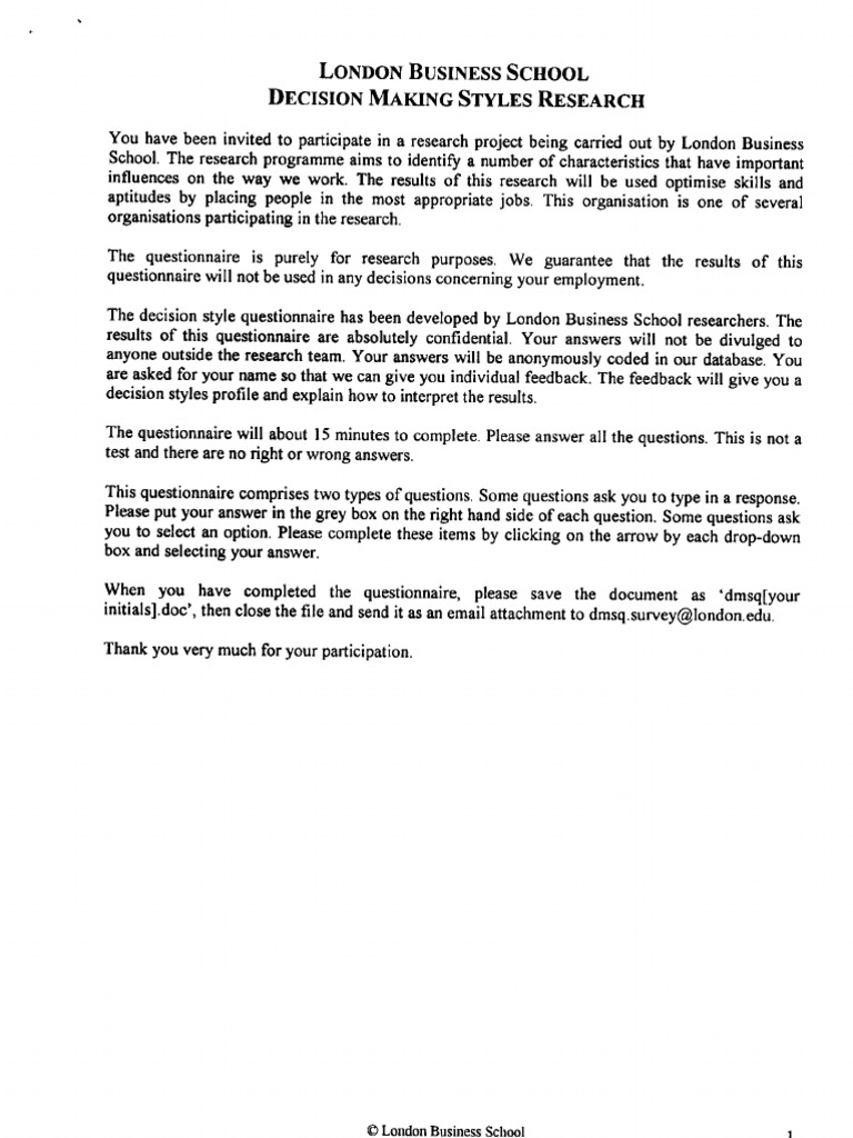 Decision Making Questionnaire 1 | PDF | Risk | Decision Making