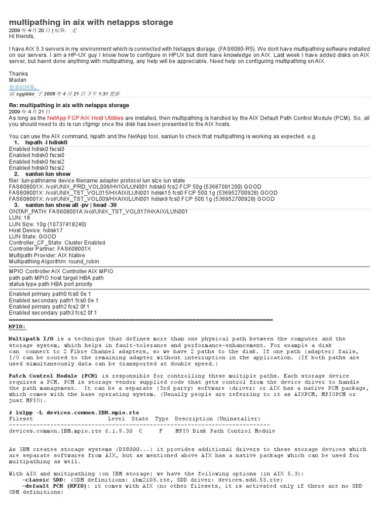 Multipathing in Aix With Netapps Storage | PDF | Digital Electronics ...