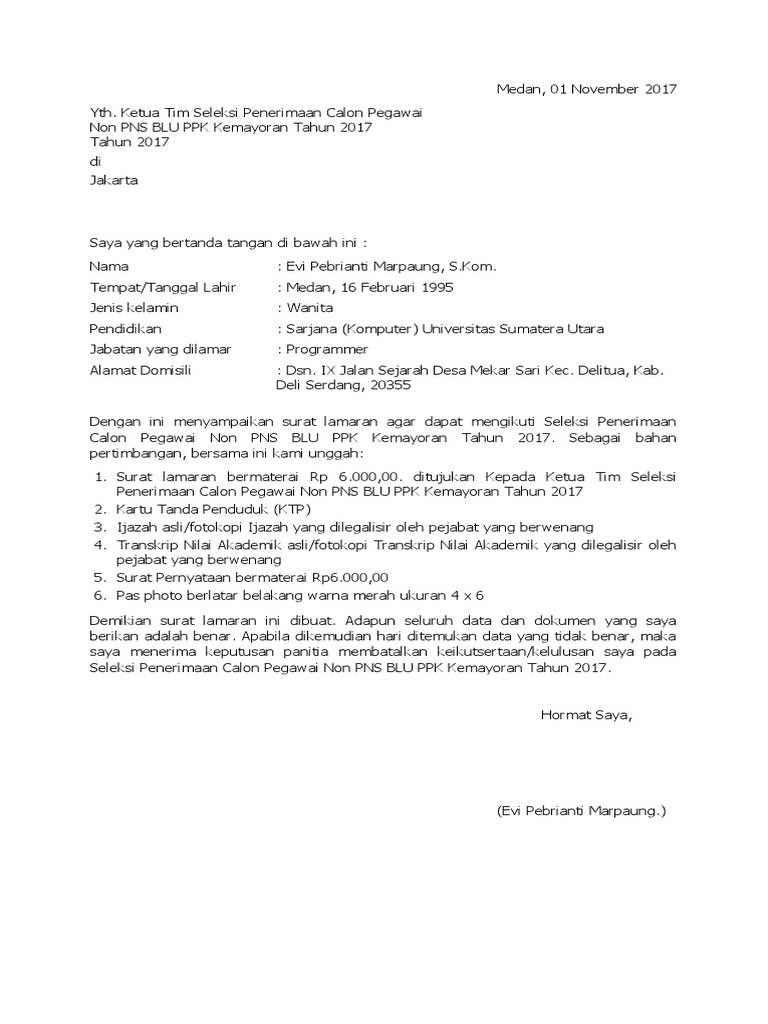 Surat Lamaran PPK Kemayoran | PDF