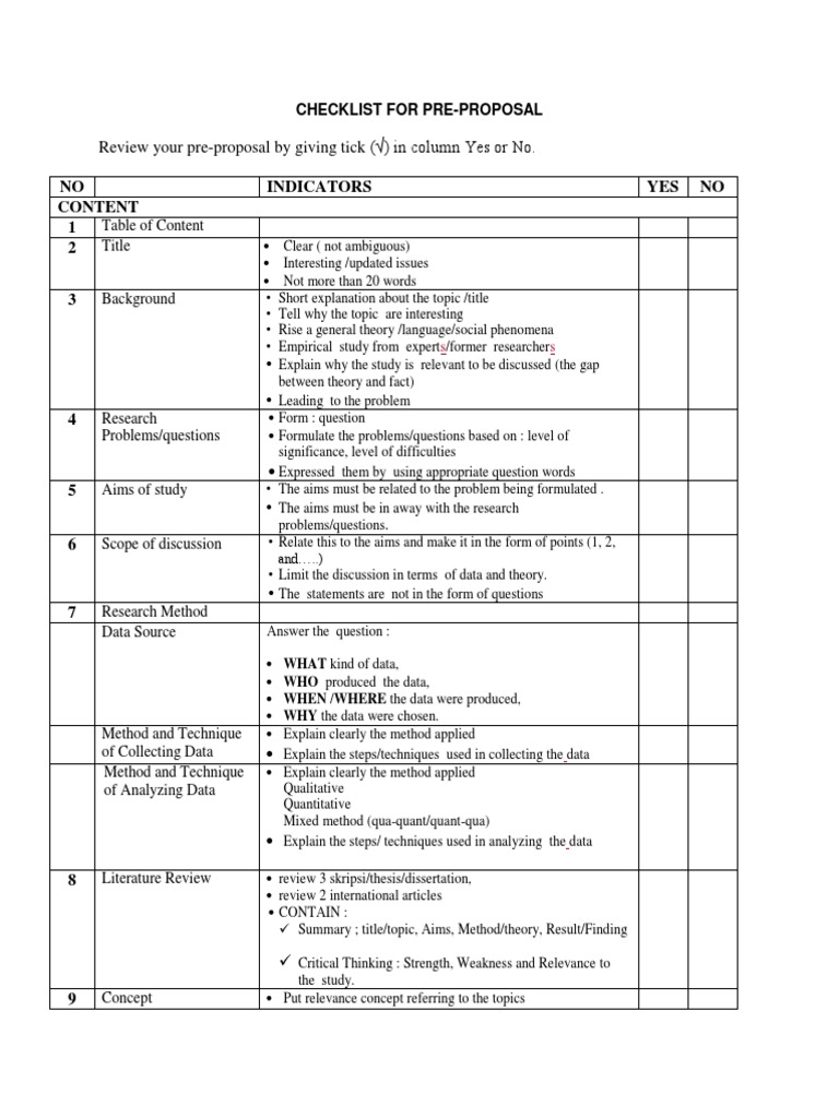 Review Your Pre-Proposal by Giving Tick ( ) in Column Yes or No | PDF ...