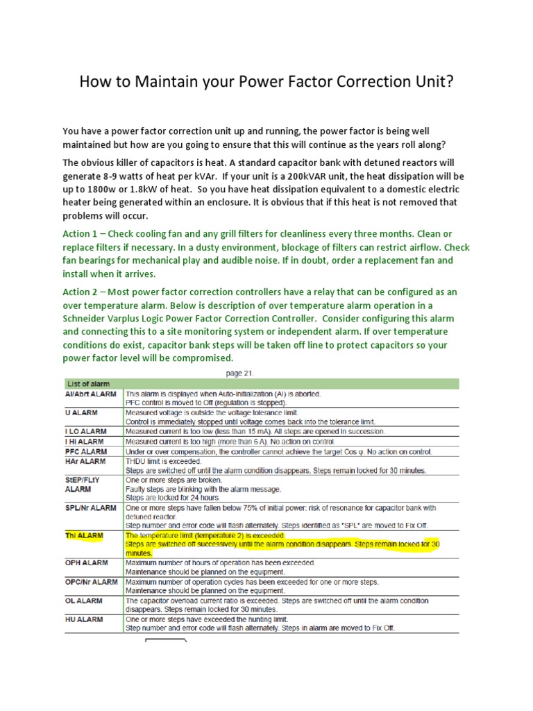 Power Factor Correction Maintenance Guide | PDF | Capacitor | Relay
