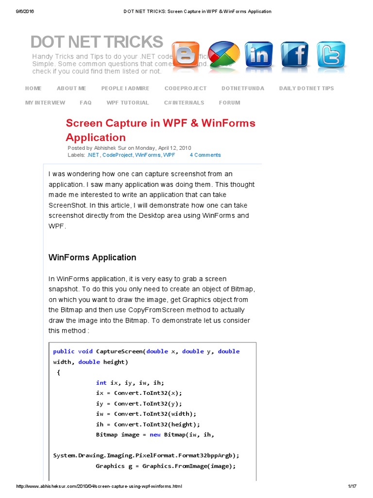 Dot Net Tricks Screen Capture In Wpf And Winforms Application Pdf Windows Presentation