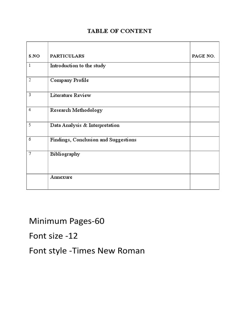 Minimum Pages-60 Font Size - 12 Font Style - Times New Roman: Table of ...