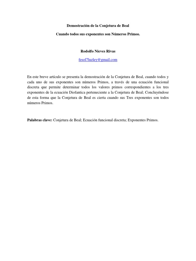 Demostracion de La Conjetura de Beal para Exponentes Primos Rodolfo ...