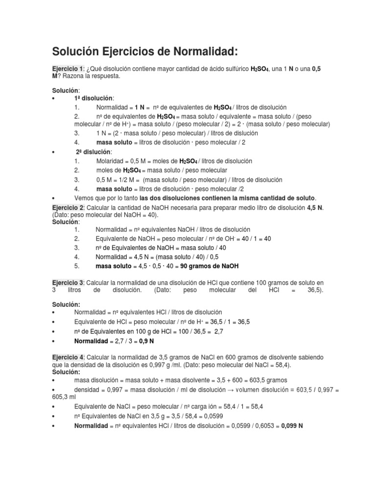 Solución Ejercicios de Normalidad y Molaridad | PDF | Concentración | Mole (Unidad)