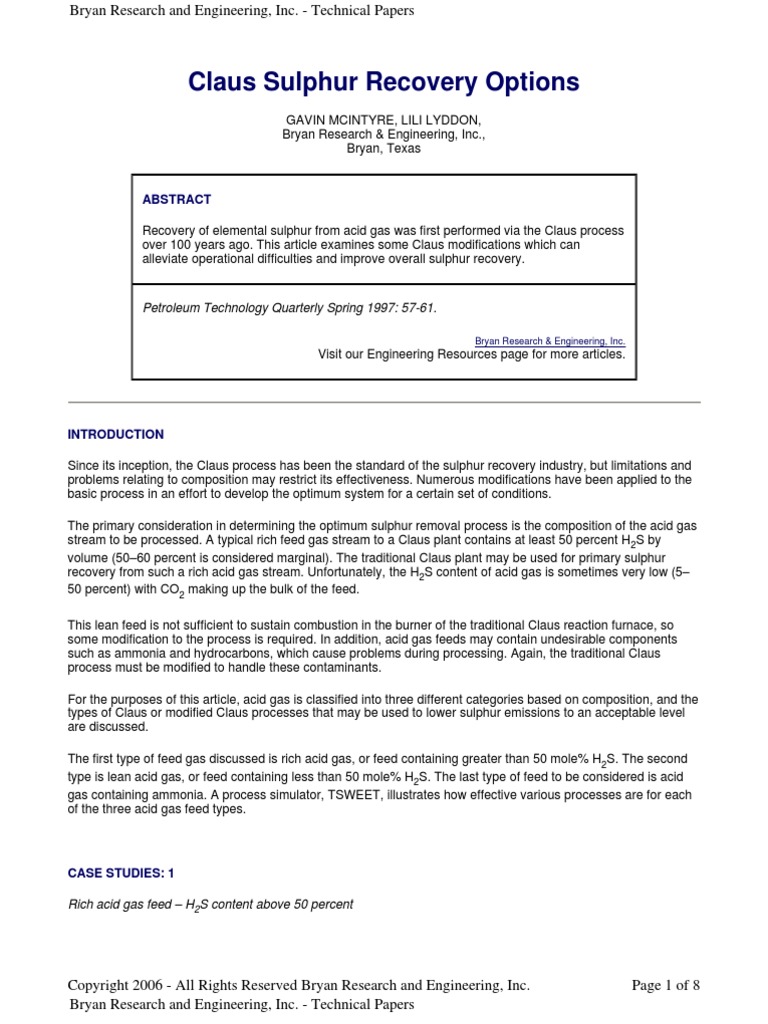 Claus Sulphur Recovery Options | PDF | Combustion | Catalysis