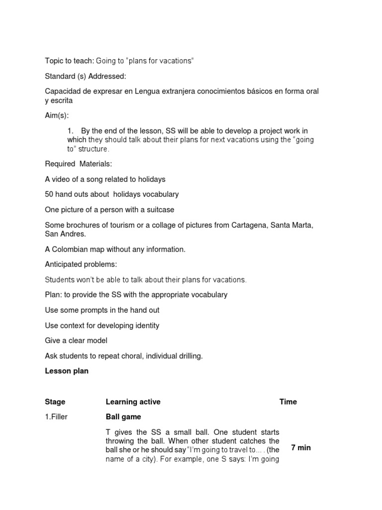 Vacation Plans Lesson Plan | PDF | Pedagogy | Communication