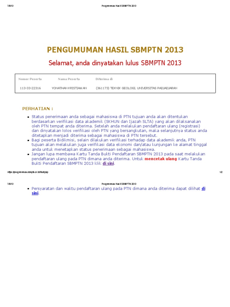 Pengumuman Lulus SBMPTN 2013 | PDF