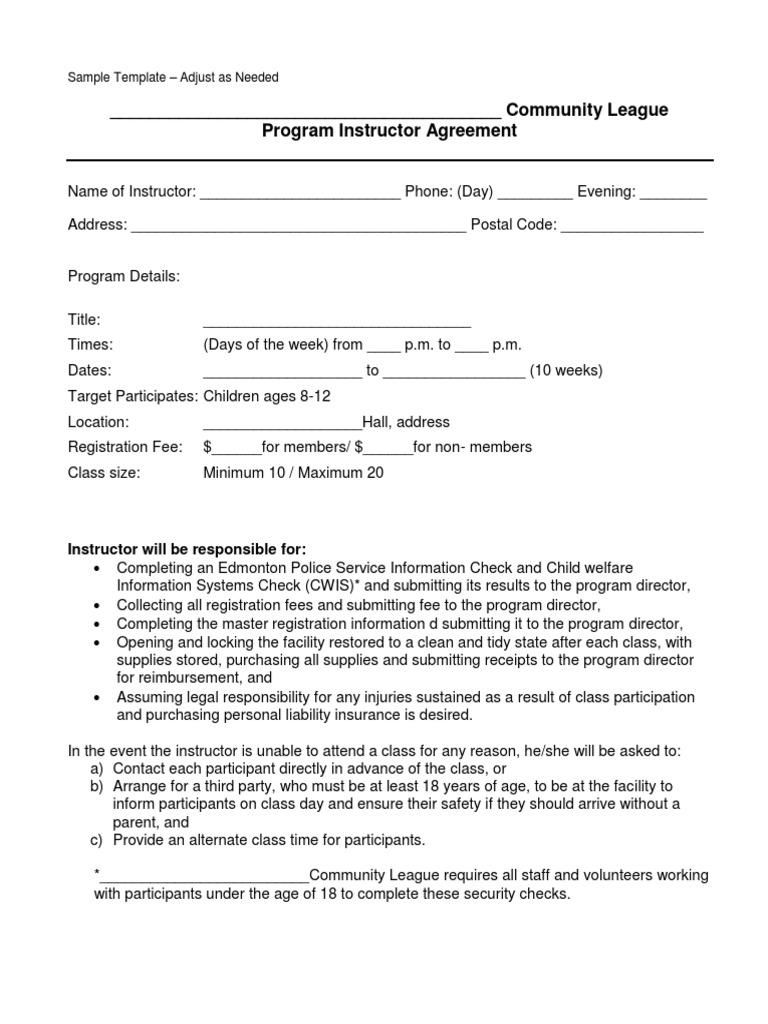 Community League Instructor Agreement Template | PDF | Fee | Insurance