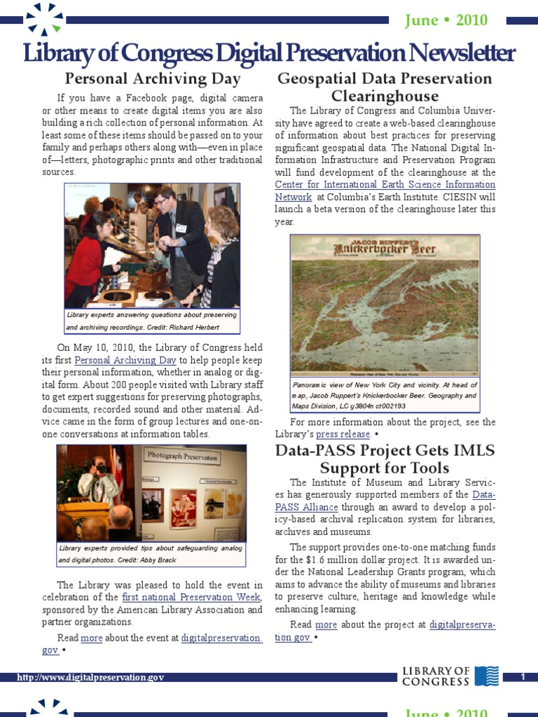 June 2010 Library of Congress Digital Preservation Newsletter | PDF ...