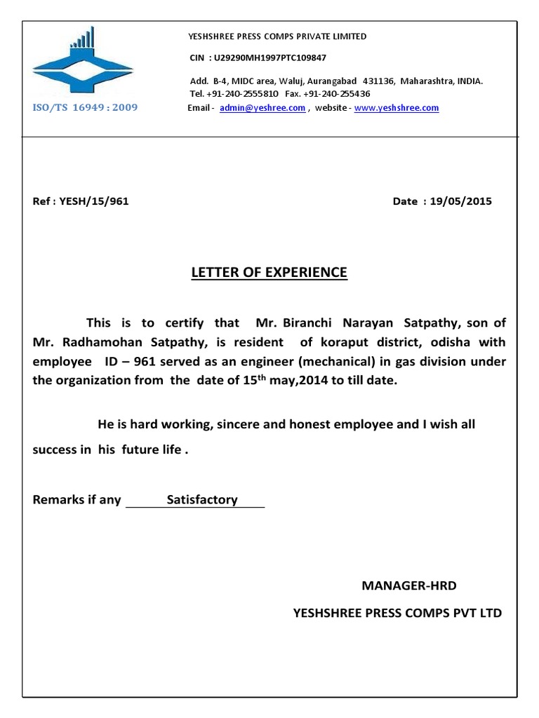Letter of Experience: Ref: YESH/15/961 Date: 19/05/2015 | PDF