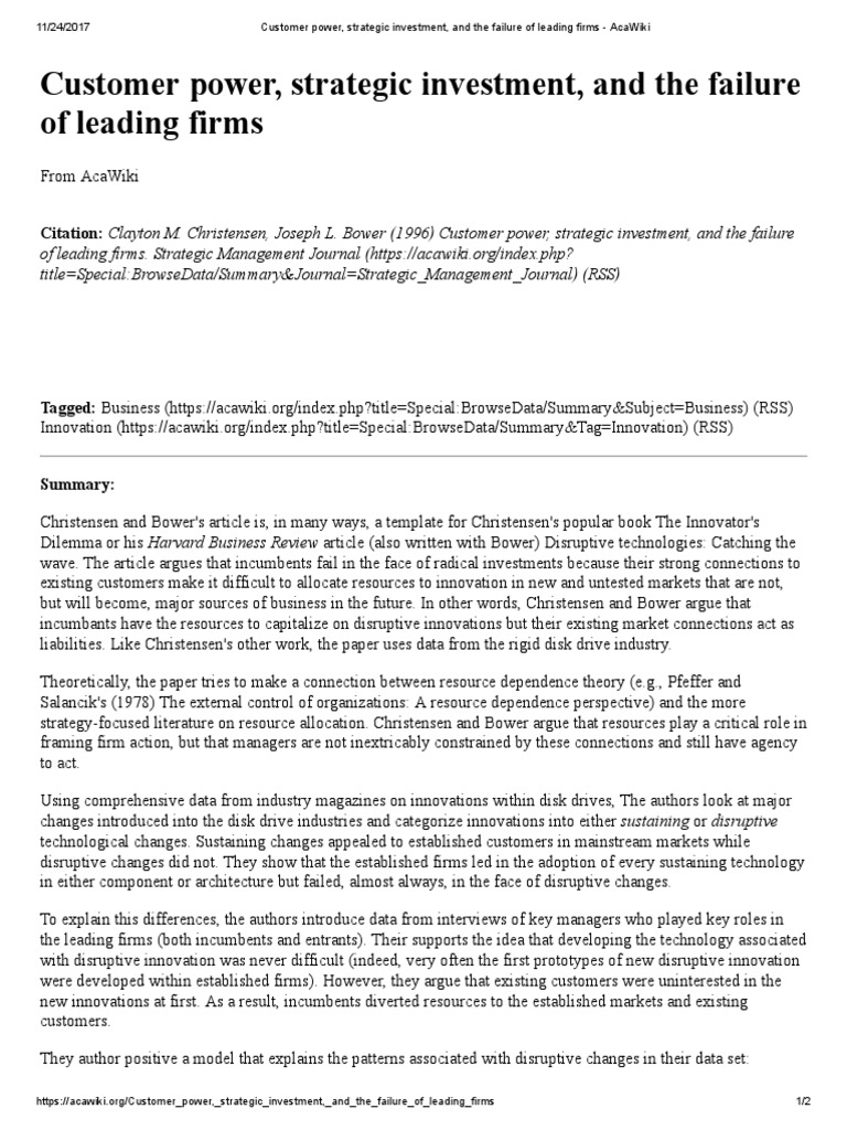 Customer Power, Strategic Investment, and The Failure of Leading Firms ...