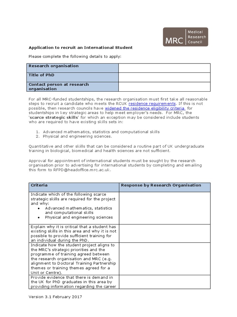 International Studentship Form v3.1 | PDF | Doctor Of Philosophy | Science And Technology