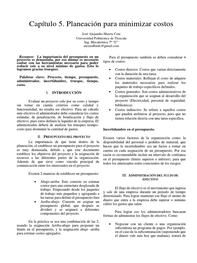 Ensayo, Capitulo 5, Planeacion para Minimizar Costos. | PDF | Presupuesto | Costo