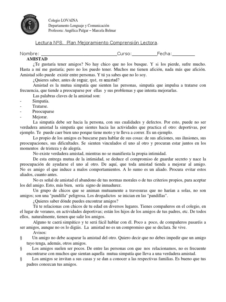 Comprensión Lectora sobre la Amistad | PDF