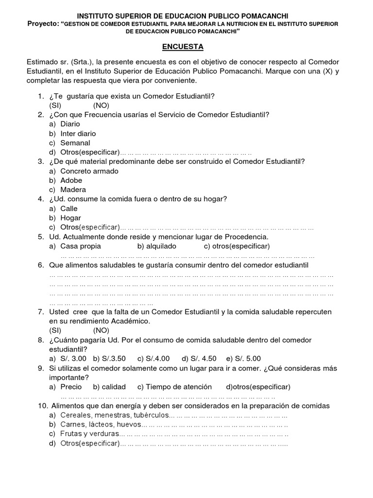Modelo de Encuesta para Comedor Estudiantil | PDF