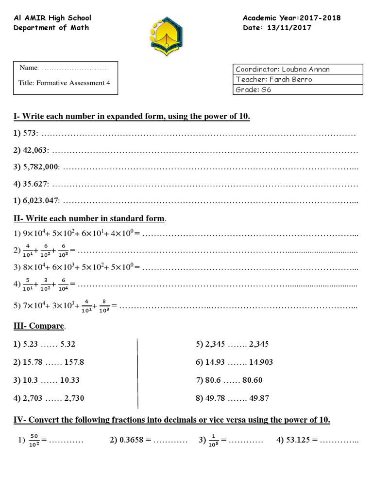I-Write Each Number in Expanded Form, Using The Power of 10 | Download ...
