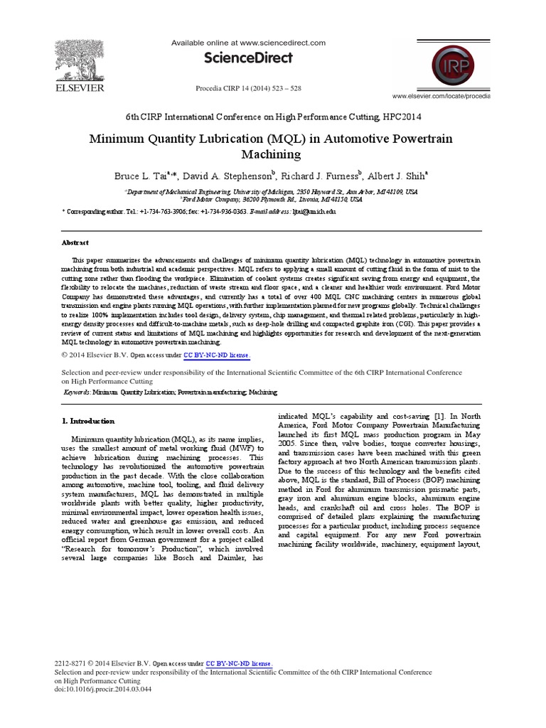 Minimum Quantity Lubrication Mql In Automotive Powertrain Machining Pdf Drilling Machining