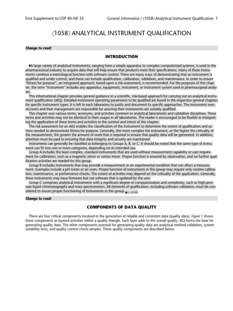 Á1058Ñ Analytical Instrument Qualification: First Supplement To USP 40 ...