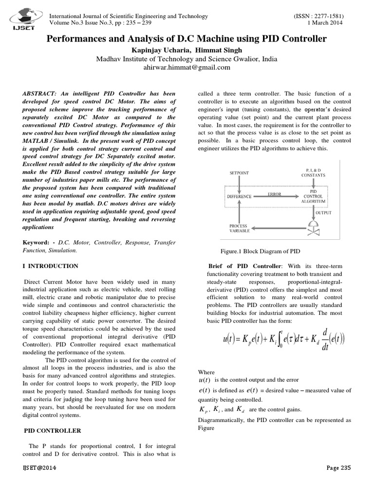 Analysis of the Performance and PID Control of a DC Motor Using MATLAB ...