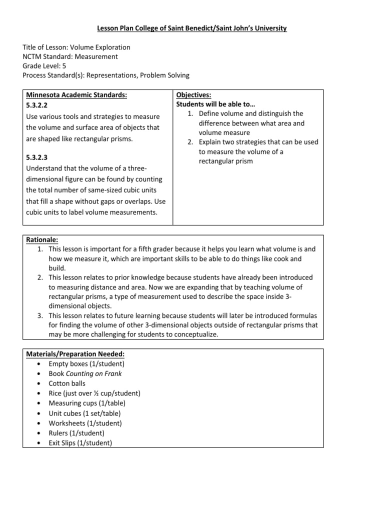 5th Grade Measurement Lesson | PDF | Volume | Length