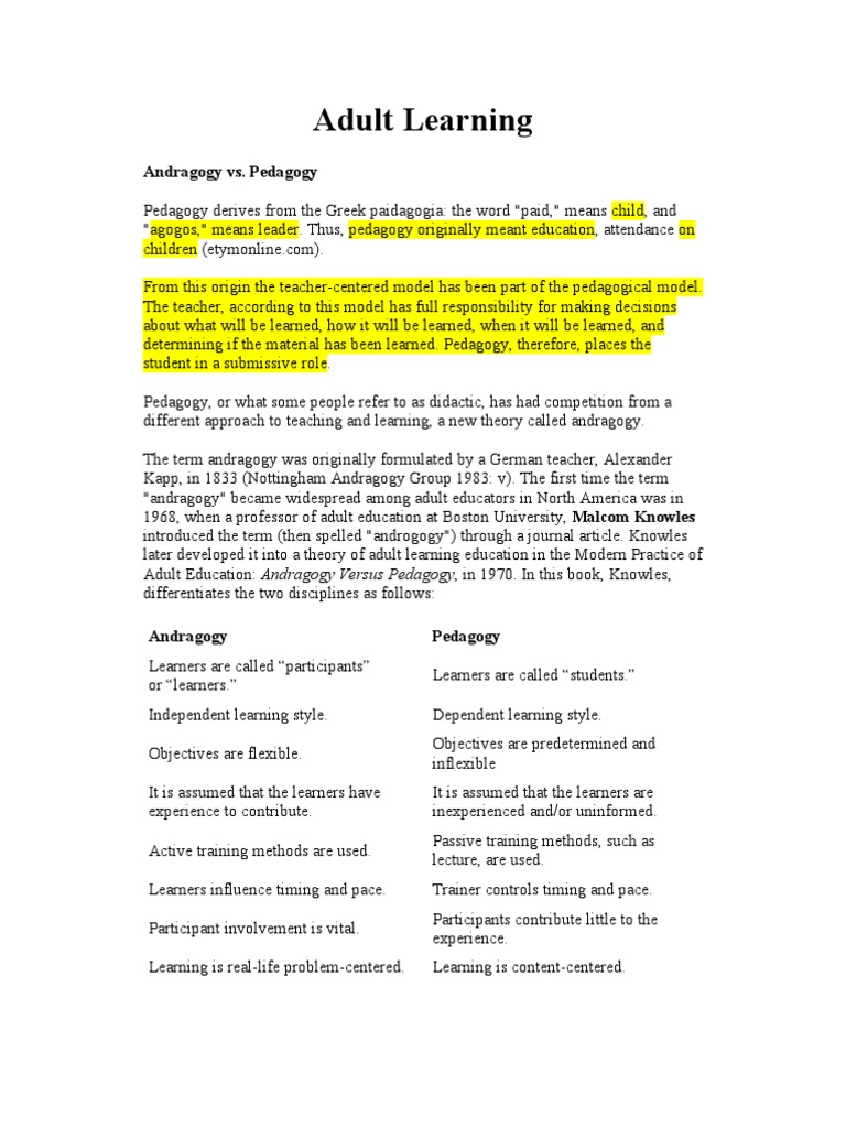 Adult Learning-Andragogy vs. Pedagogy | PDF | Pedagogy | Neuropsychological Assessment
