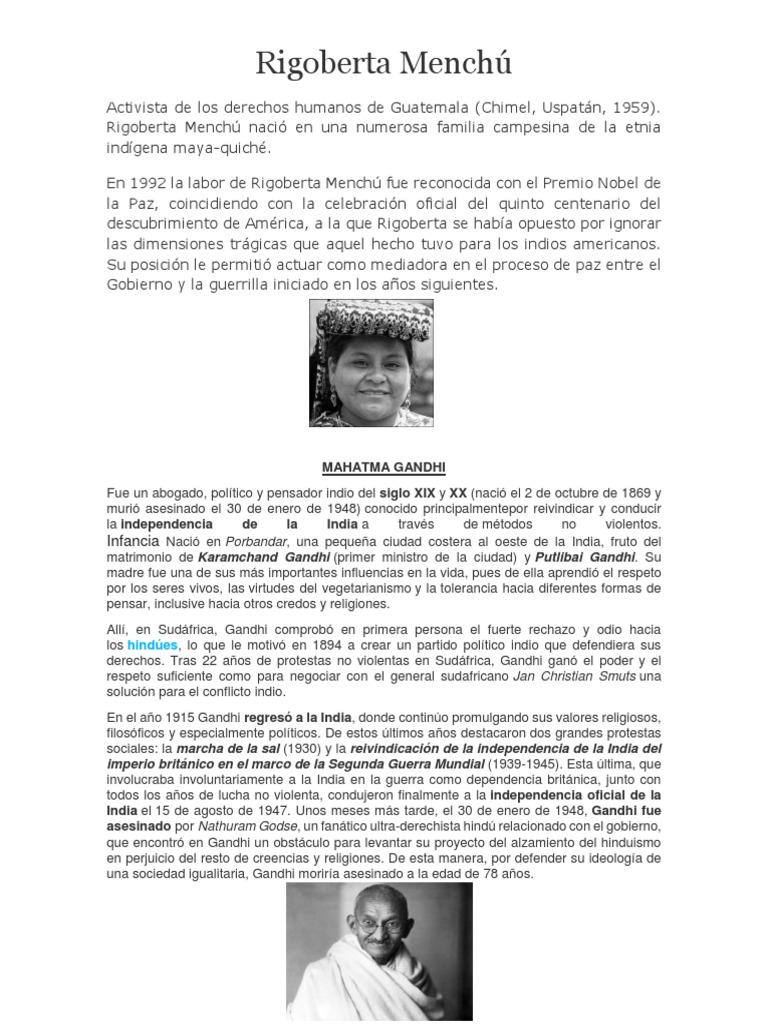 Rigoberta Menchú | Descargar gratis PDF | Mahatma Gandhi | Madre Teresa