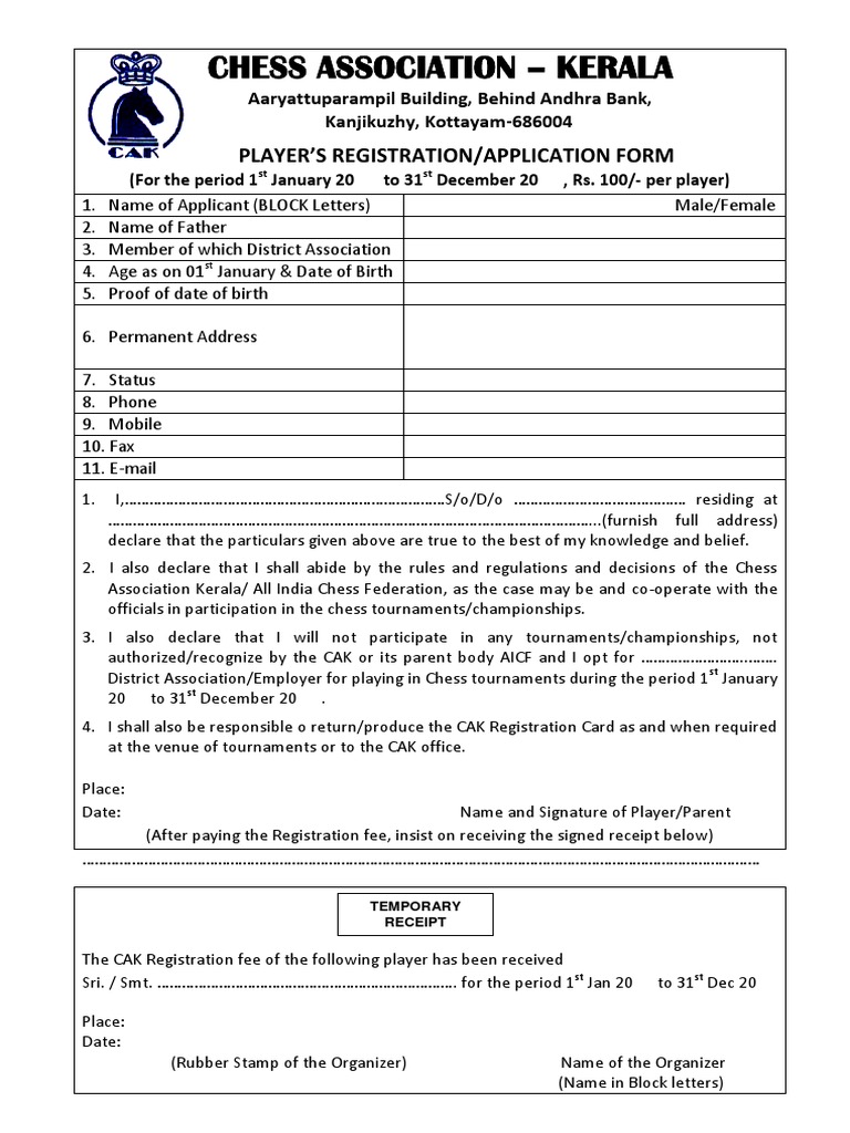 Chess Association - Kerala: Player'S Registration/Application Form | PDF