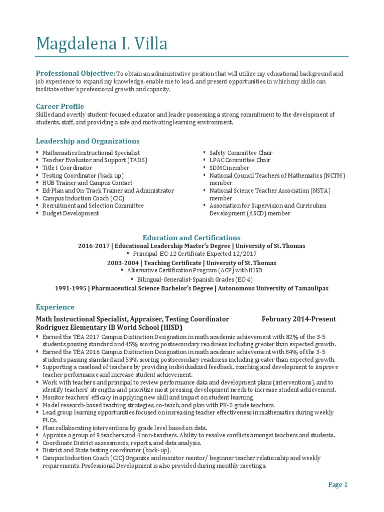 Villa Magdalena Resume | Download Free PDF | Mentorship | Teachers